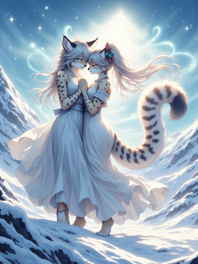 Winter Lovers II - Furry Snow Leopard Couple in Whimsical Wi...