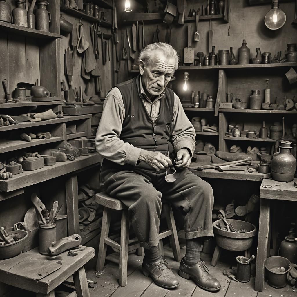 An evocative black and white photograph of an elderly shoemaker at work ...