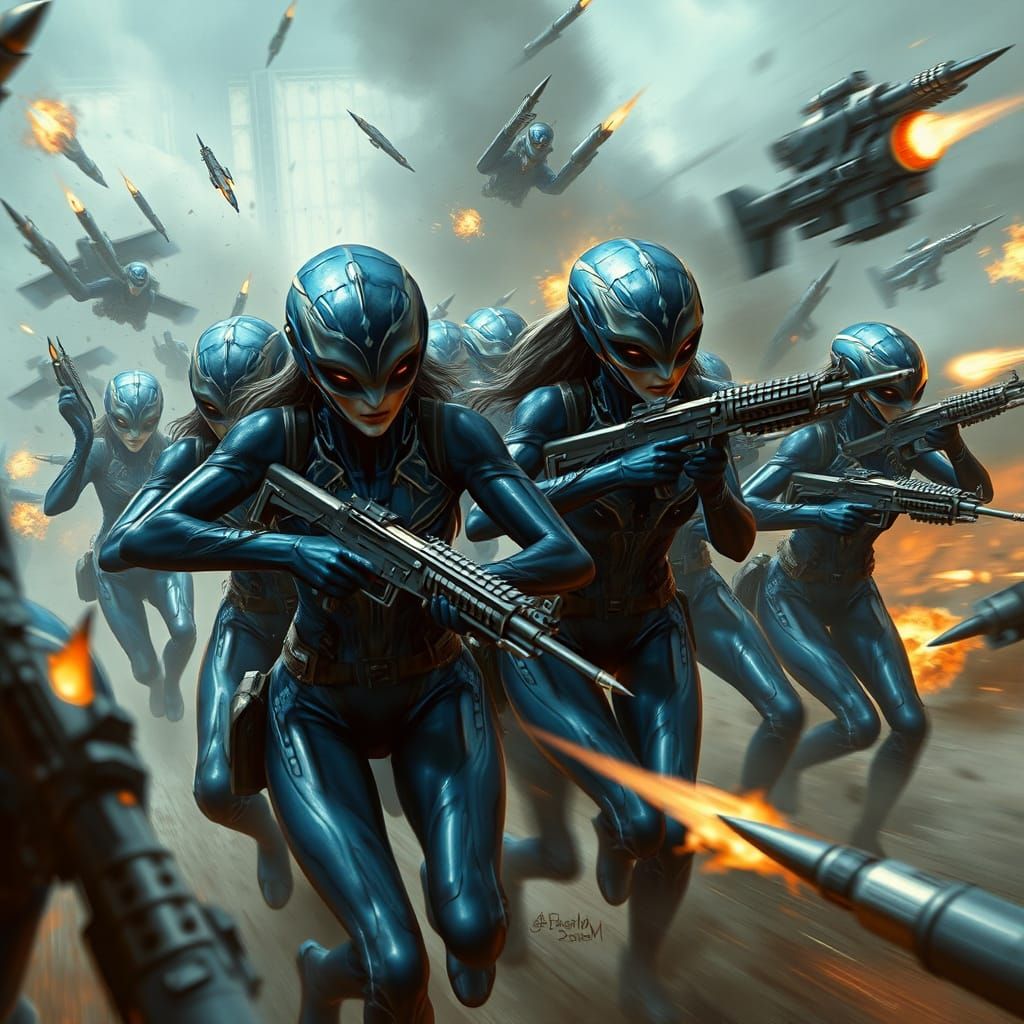 Female Alien Warriors Charge into Battle in Metall... - AI Art