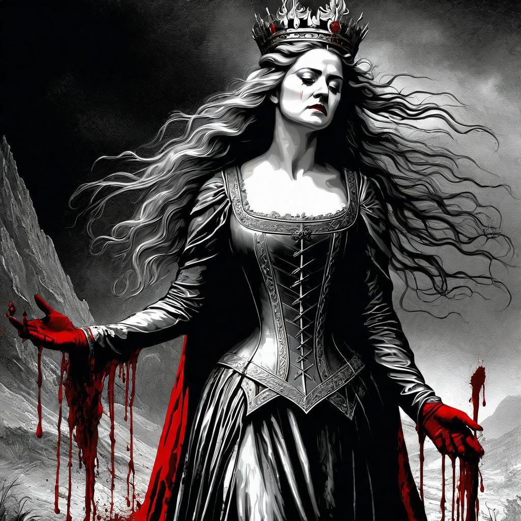 "Lady McBeth", full body painting of a medieval Scottish queen with ...