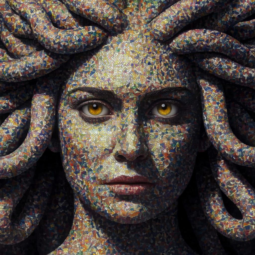 A one of a kind surreal image of Medusa, with serpant eyes, made ...