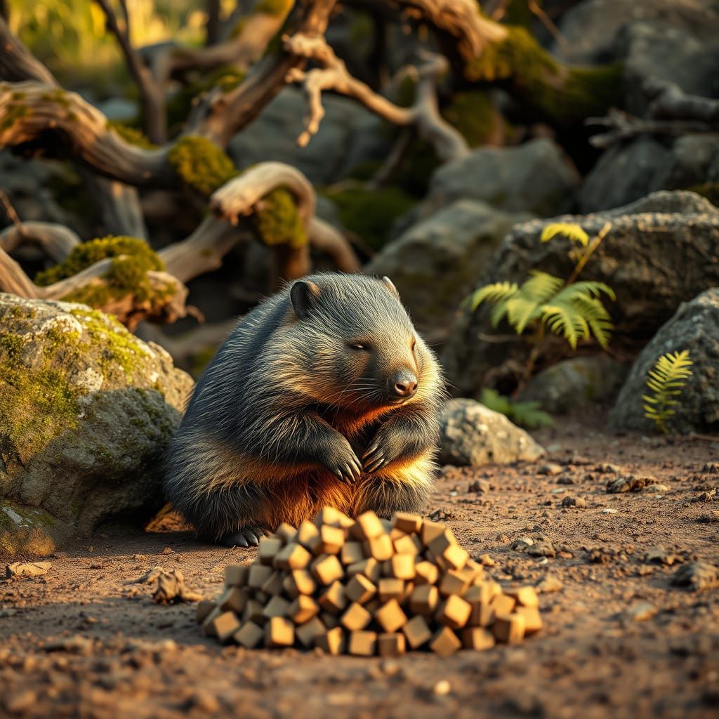 Wombat and its cubic scats. - Wombat and its cubic scats.