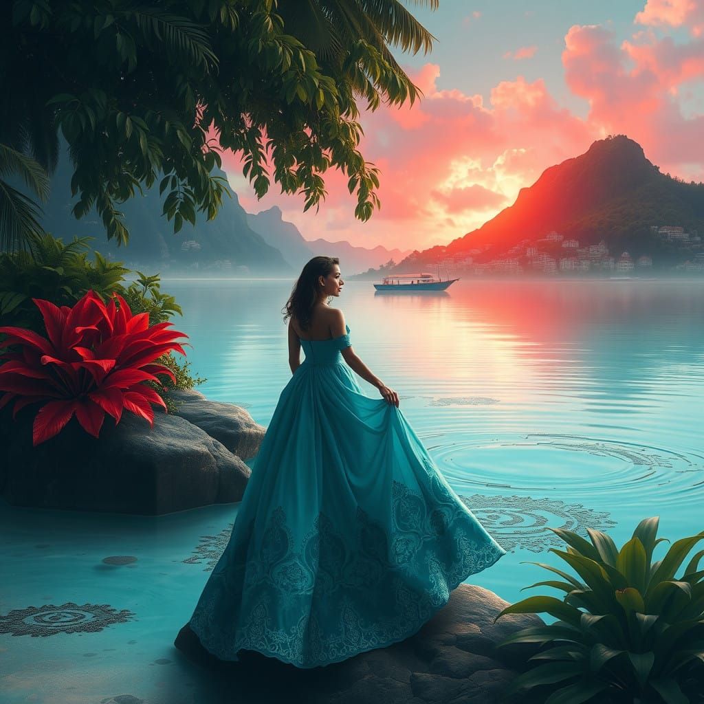 Surreal Island Goddess Emerges Amidst Crimson Scar... - AI Art