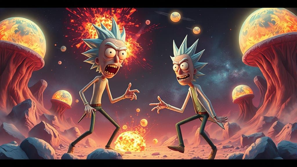 rick and morty 3D blowing stuff up exploding alien... - AI Art