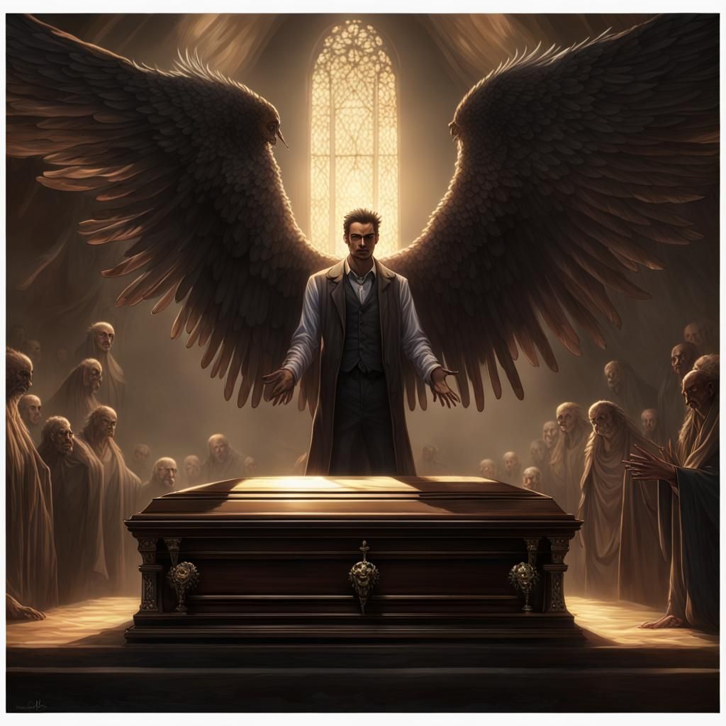 angeles around an open coffin with a dead young guy, having their hands ...