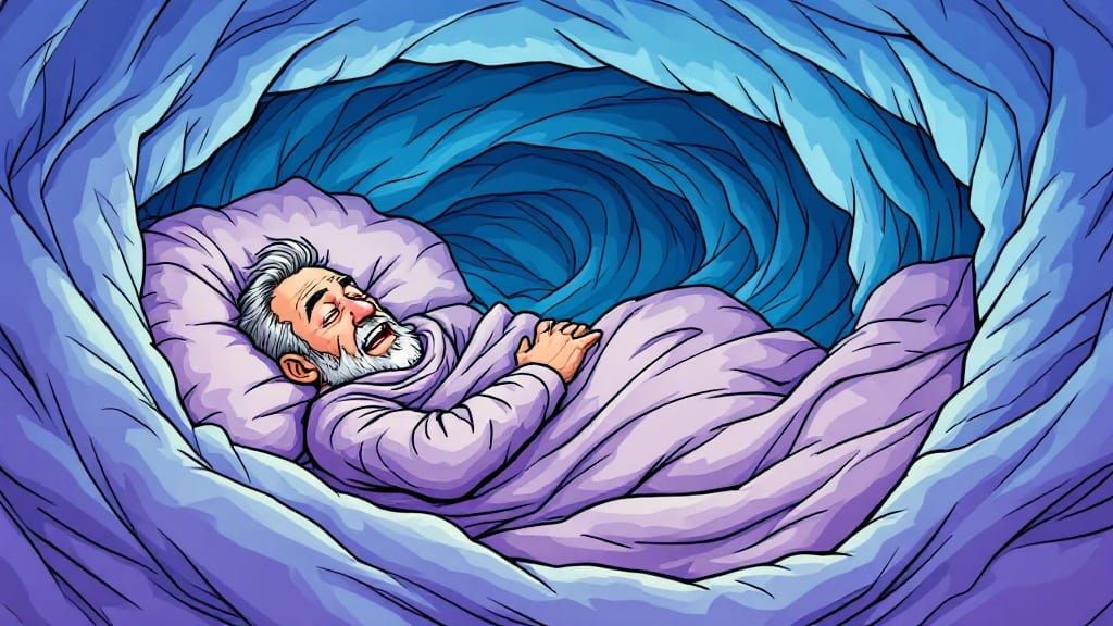 Anthropomorphic blankets swirl and strangle a middle-age man in bed ...