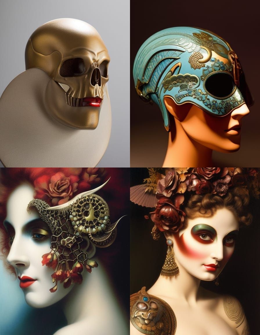 A close-up of a beautiful porcelain skull mask, hiding a voluptuous ...