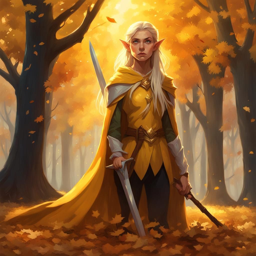 An elf facing towards the back with golden light everywhere. The girl ...