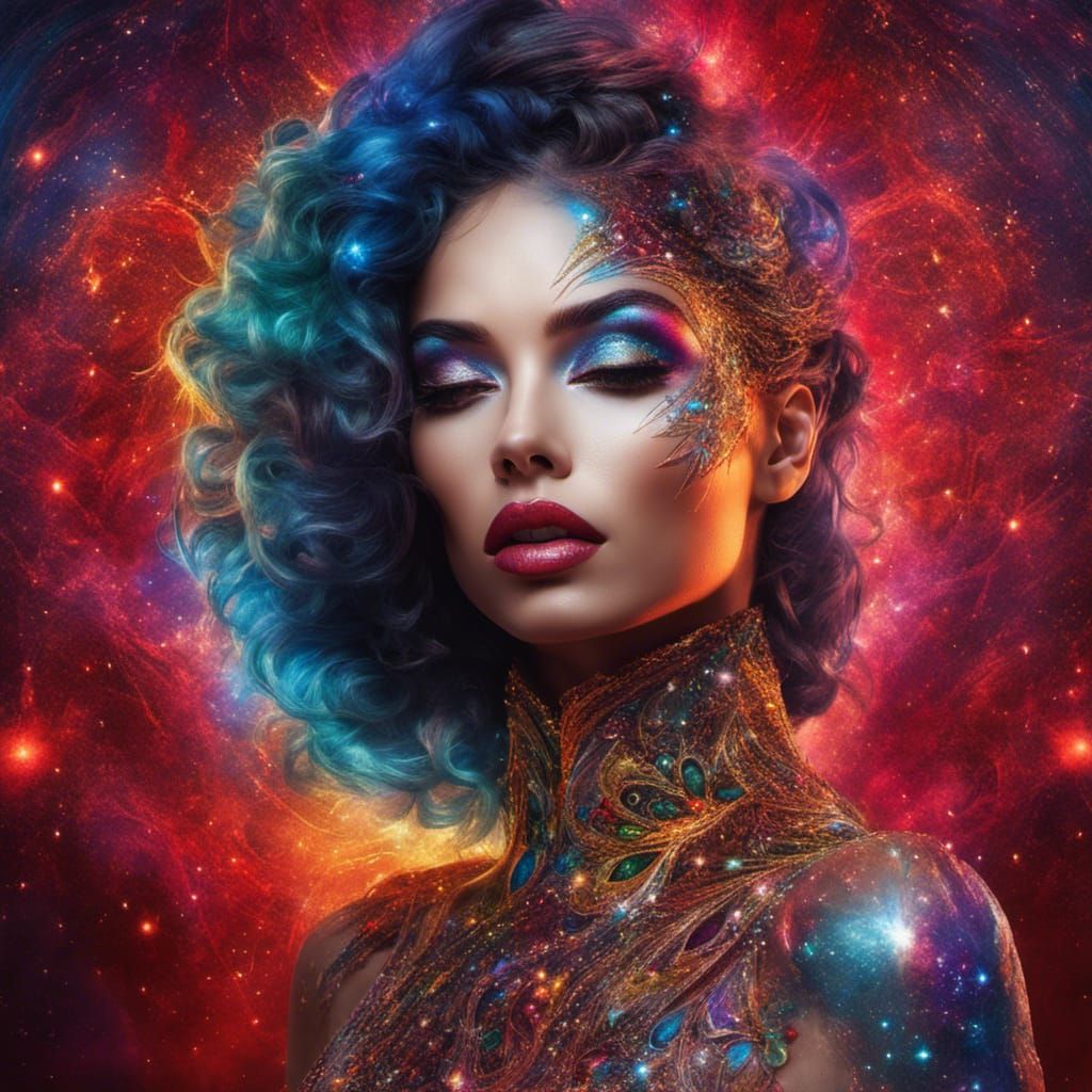 symmetry, beautiful woman with cosmic multicolored glitter makeup on ...
