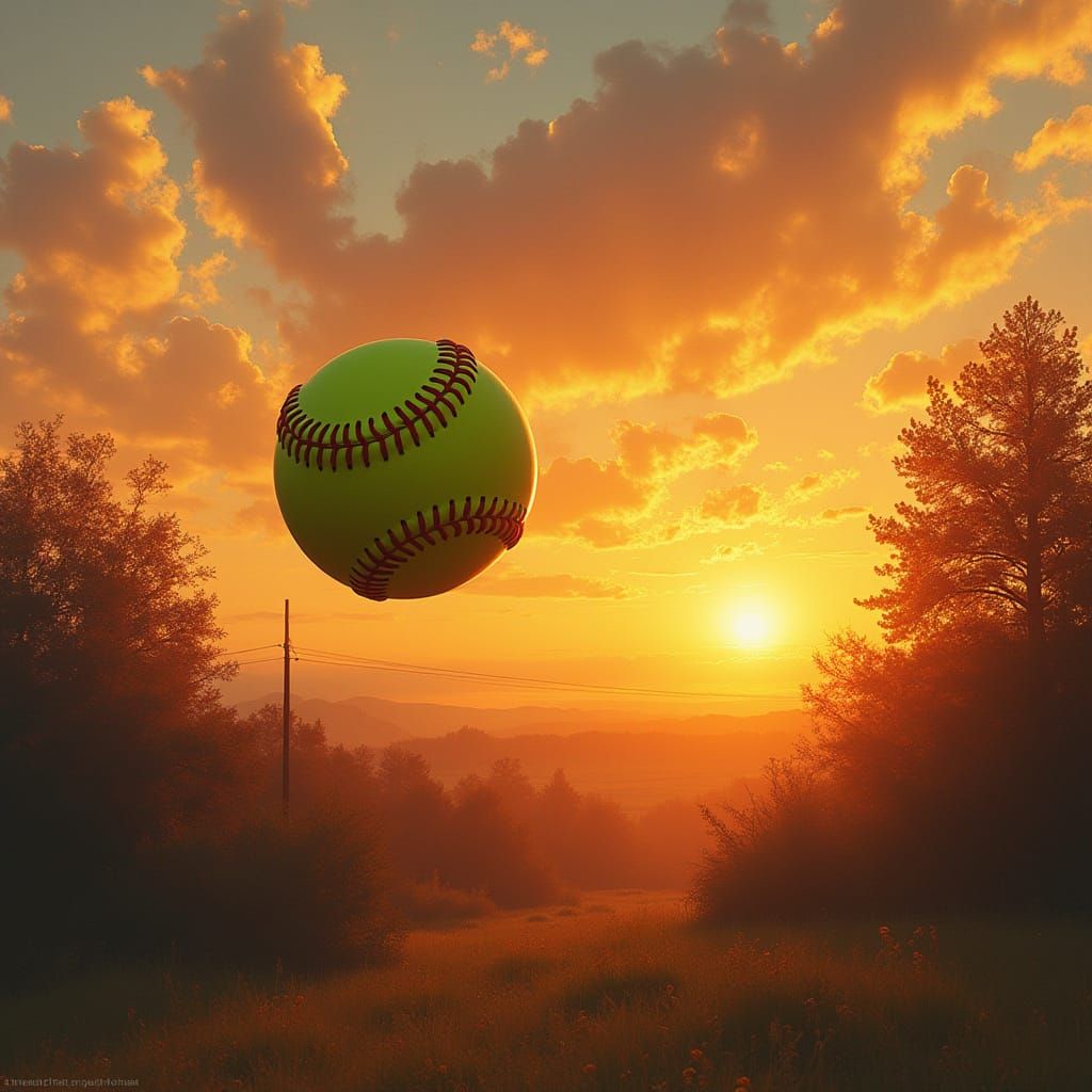 Softball Soaring Over a Golden Sunset Landscape - AI Art