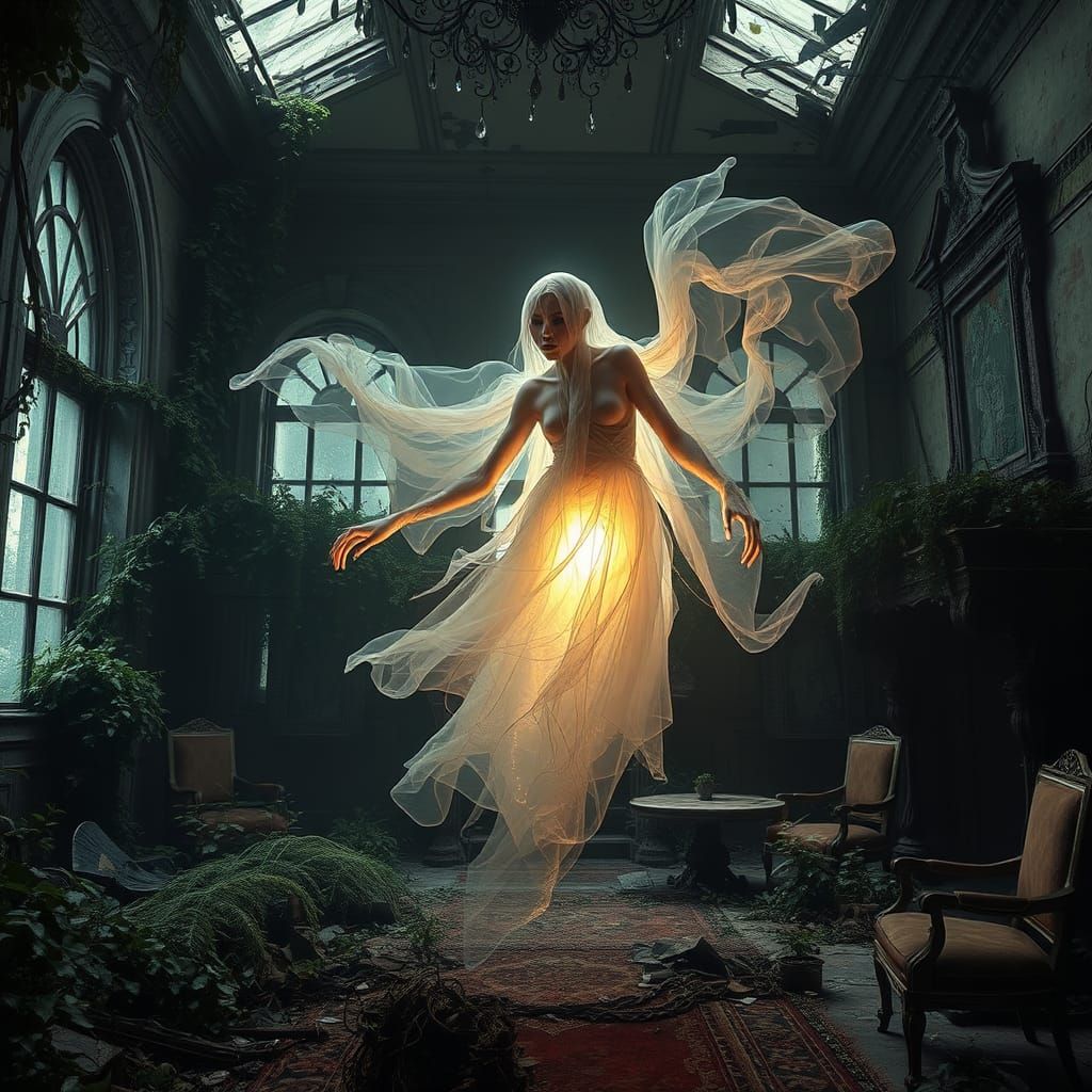 Ethereal Spectral Spirit Haunts Abandoned Victoria... - AI Art