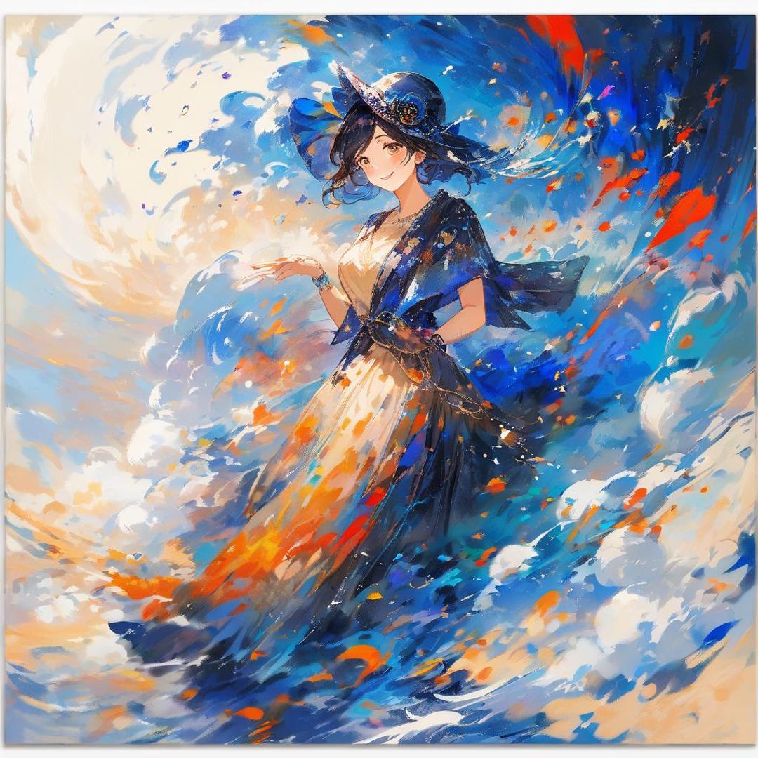 Anime with painterly triadic colors shading. Woman in aquarela painting ...