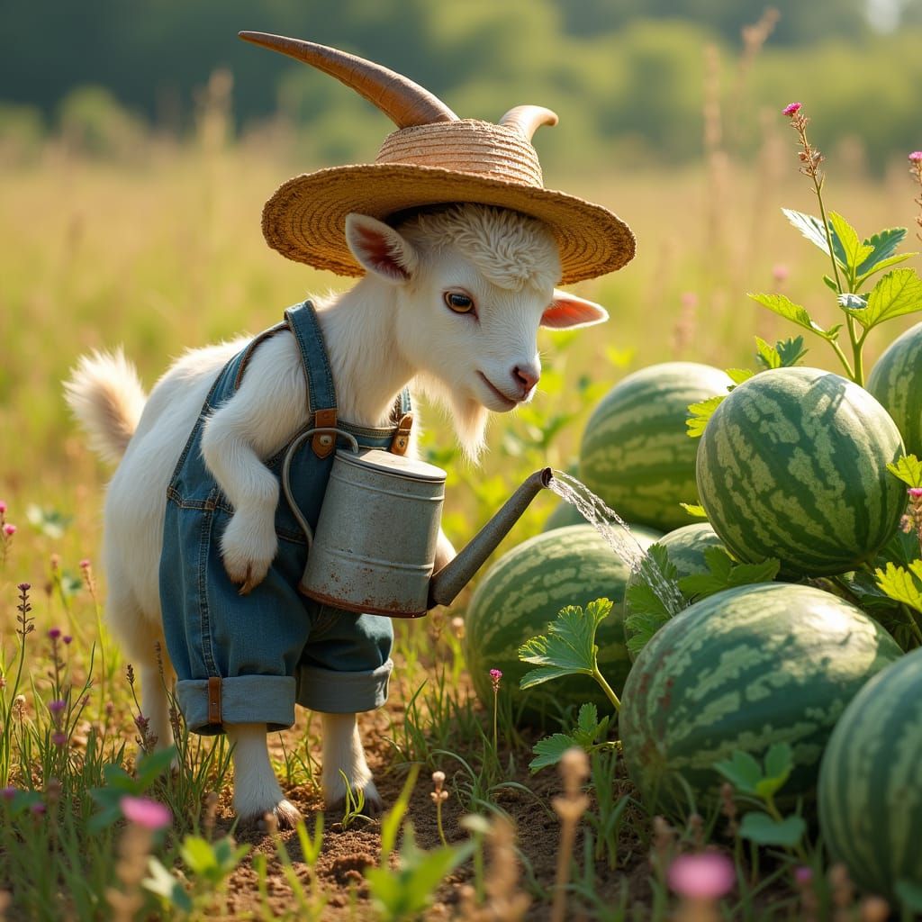 Goat Tends Watermelon Patch in Idyllic Rural Lands... - AI Art