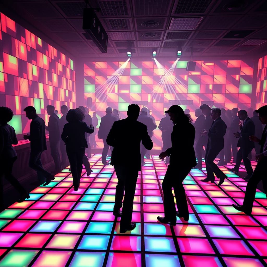envision a mod club where the dance floor is composed of thousands of ...