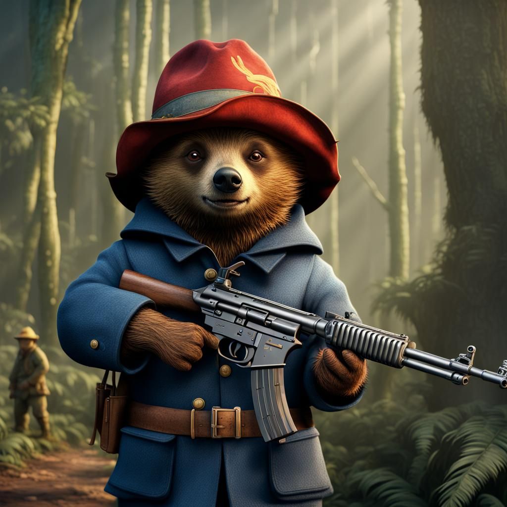 Paddington bear with a machine gun during the vietnam war - AI ...