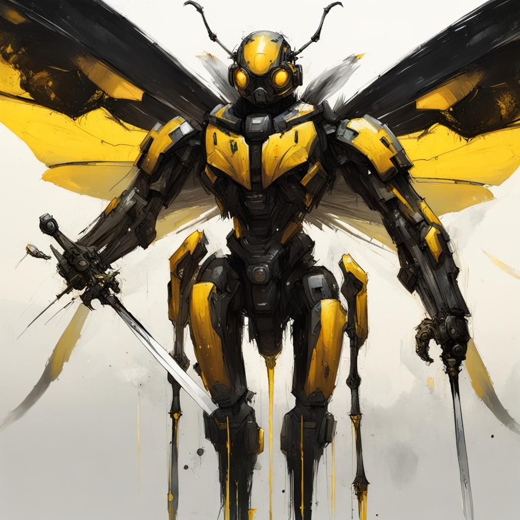 black yellow bee insect with giant wings mecha full body portrait ...
