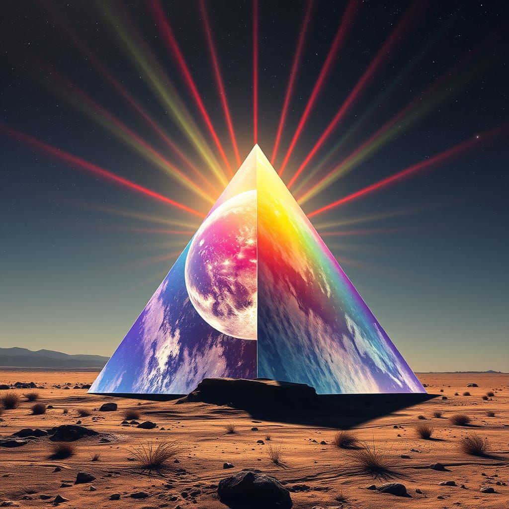 a 3d pyramid-shaped prism that refracts the colors in the middle and sends the rays in big beams ...