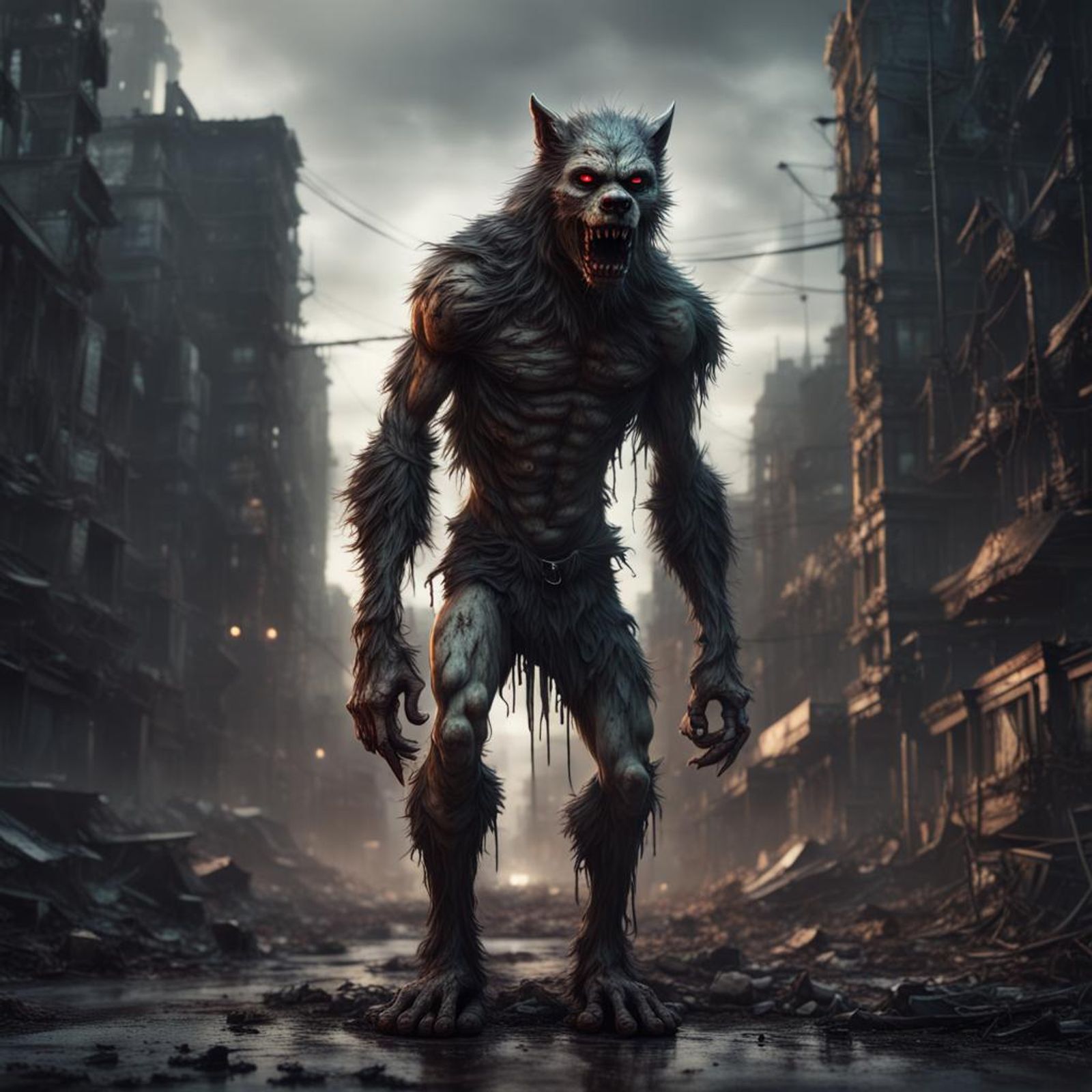 Rotting zombie werewolf standing is dystopian city street, intricate ...