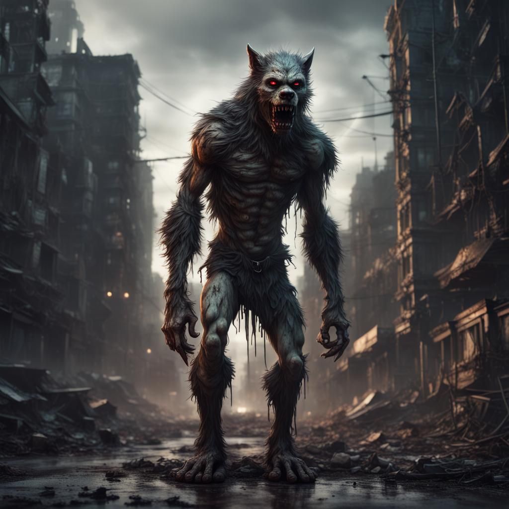Rotting zombie werewolf standing is dystopian city street, intricate ...