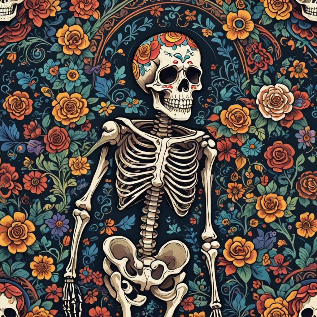 folk skeleton dark rainbow dia de los muertos traditional mexican tile ...