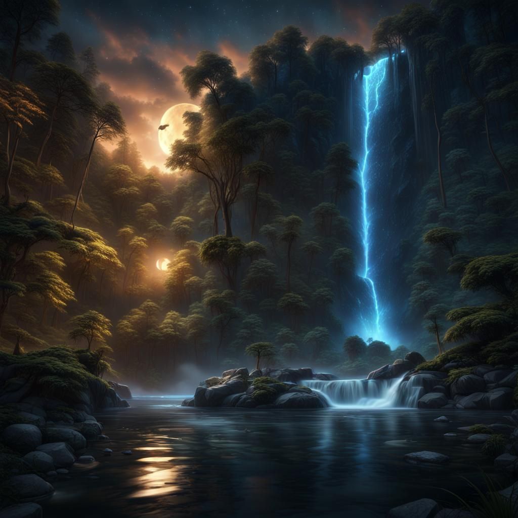 A huge waterfall in a deep dark forest at night, the water glowing ...