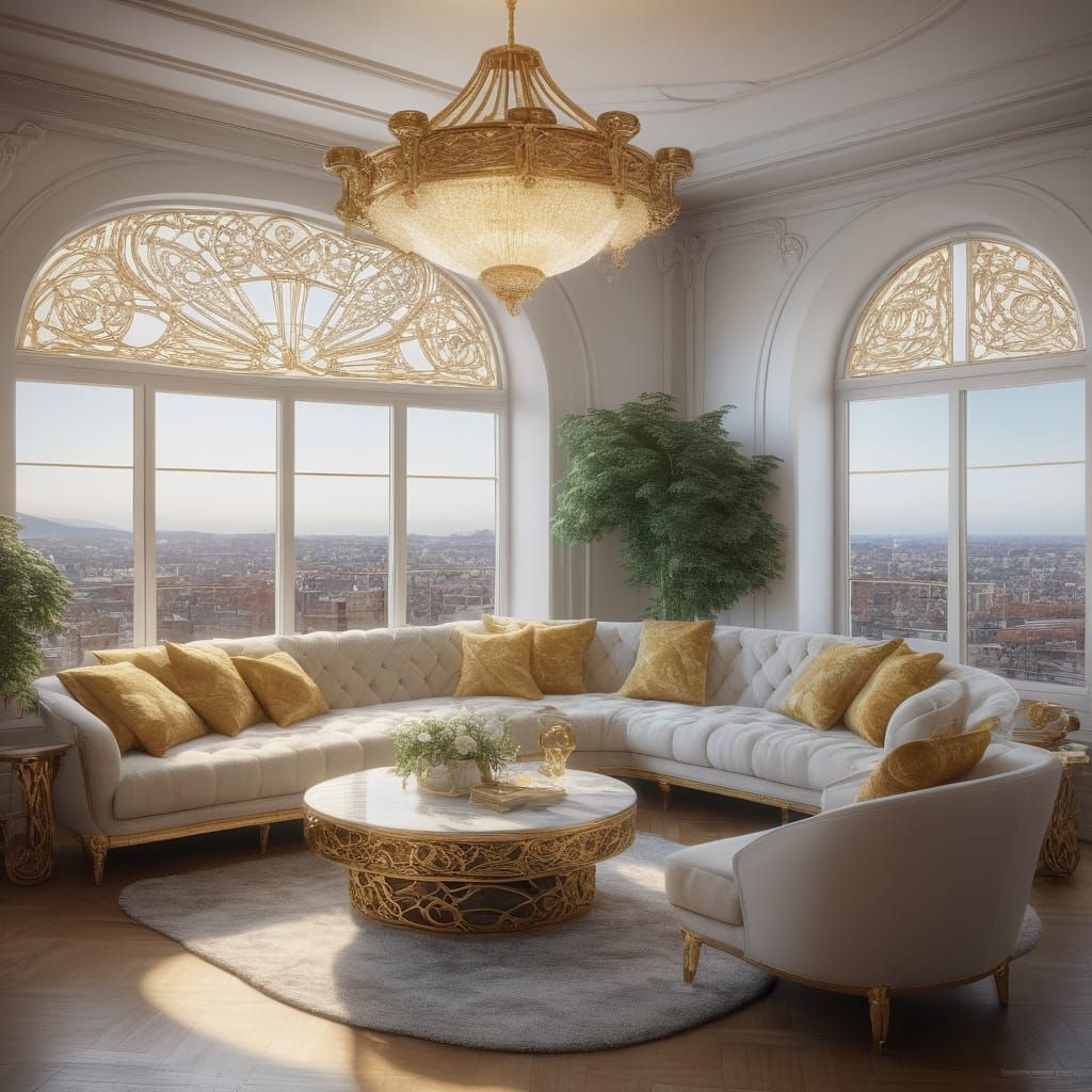 Rhiannon themed penthouse with Celtic white walls with gold accents& white Celtic sofas and ...