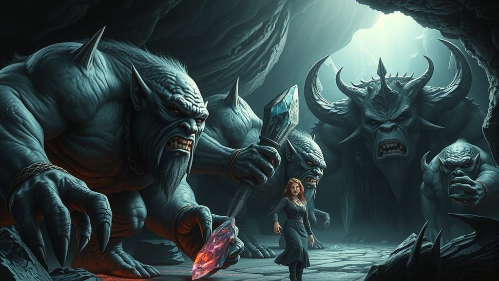 Trolls Guarding Crystal Cave in Dark Fantasy Style - AI Art