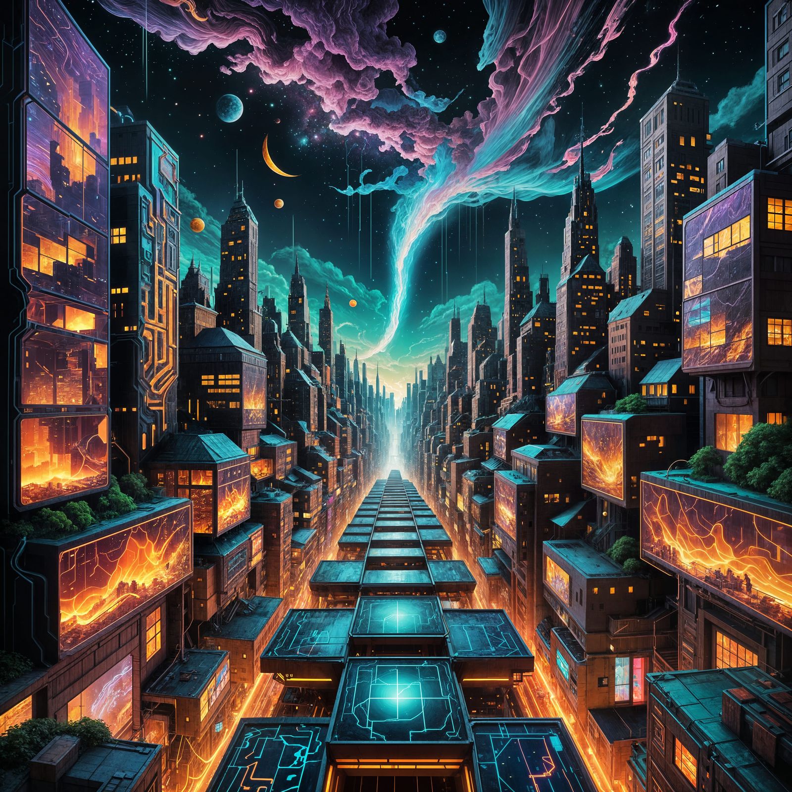 Surreal Futuristic Cityscape with Neon Optical Ill... - AI Art