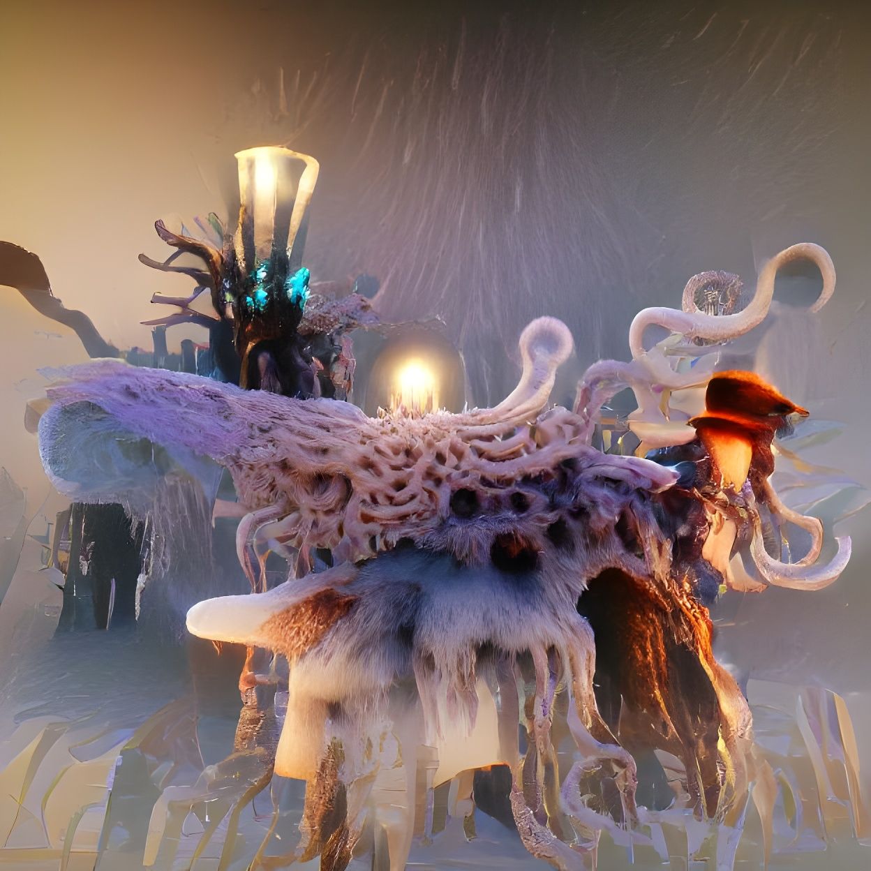A Giant Steampunk monster in a hat with some frozen mycelium around ...