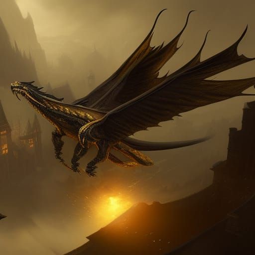 Wyvern flying over village - AI Generated Artwork - NightCafe Creator