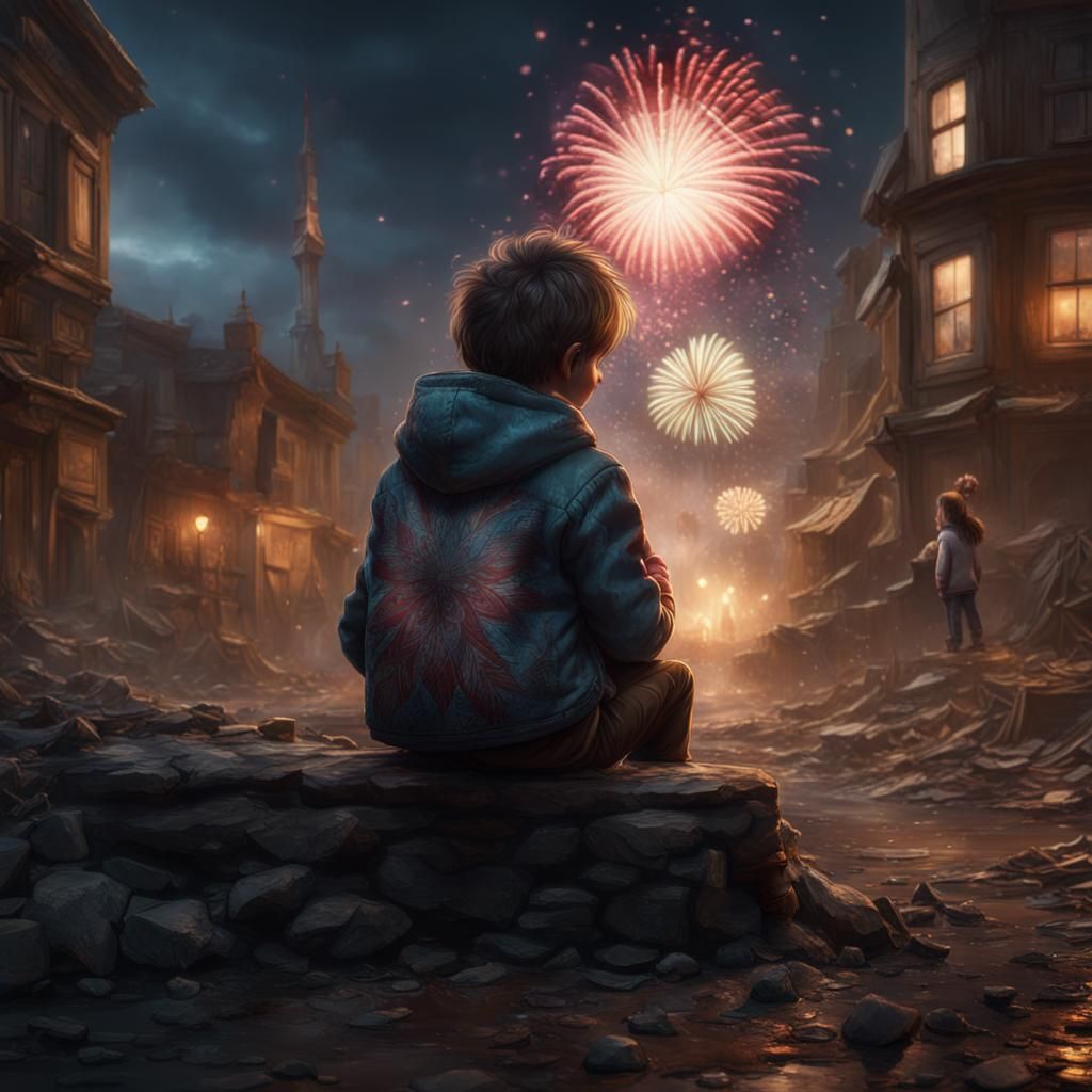 child crouched watching fireworks - AI Generated Artwork - NightCafe ...