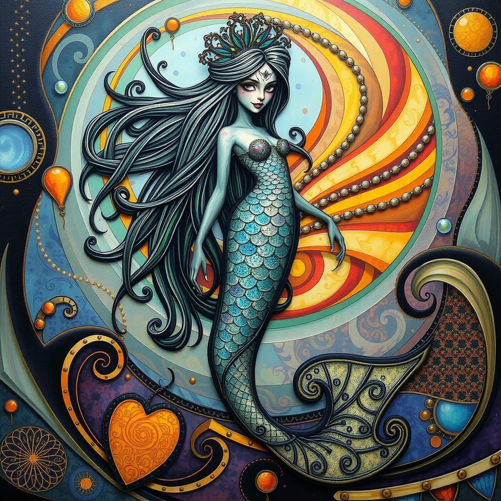 Mermaid. art Brut Tim Burton gouache Splash art mixed media filigree ...