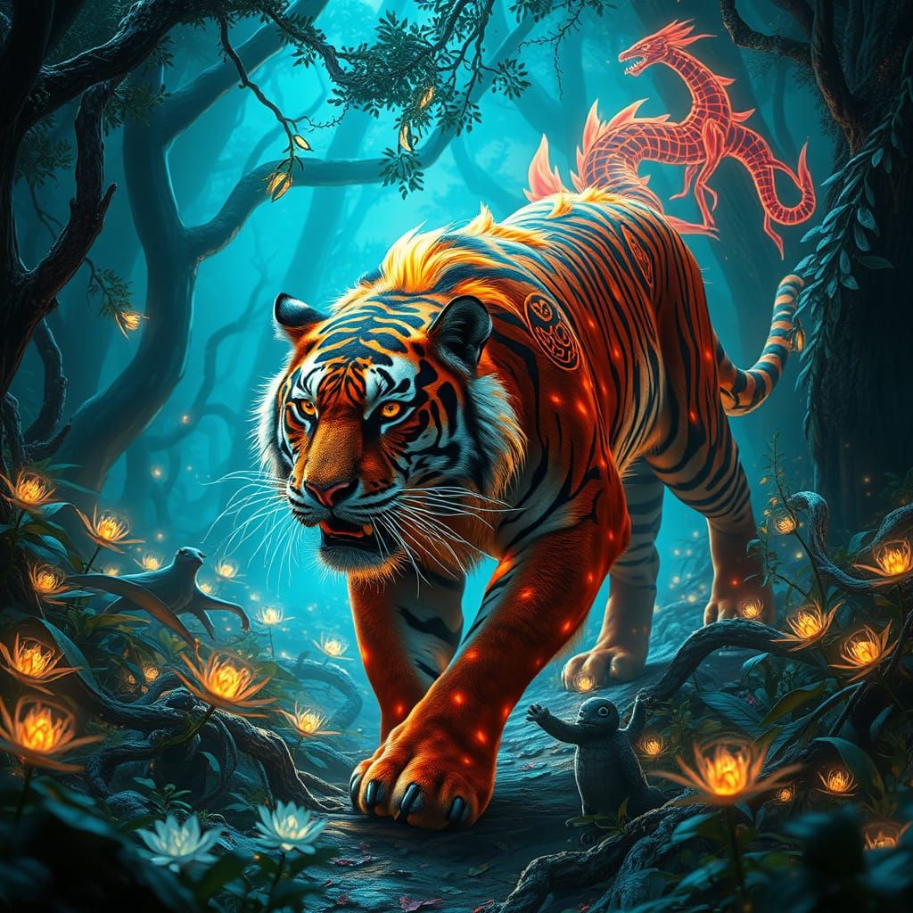 Enchanted Tiger with Fish Scales in Bioluminescent... - AI Art
