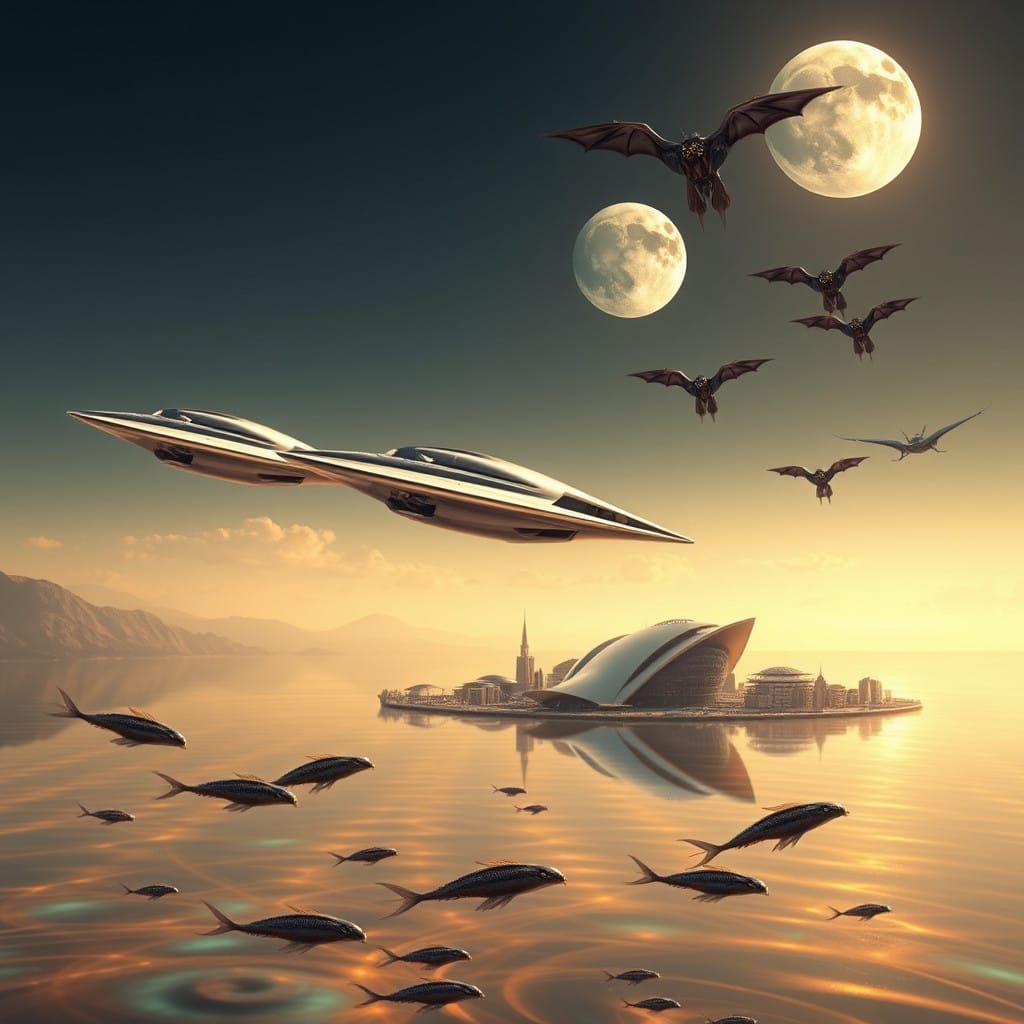 three spaceships golden planet three moons undersea city. sea monsters ...