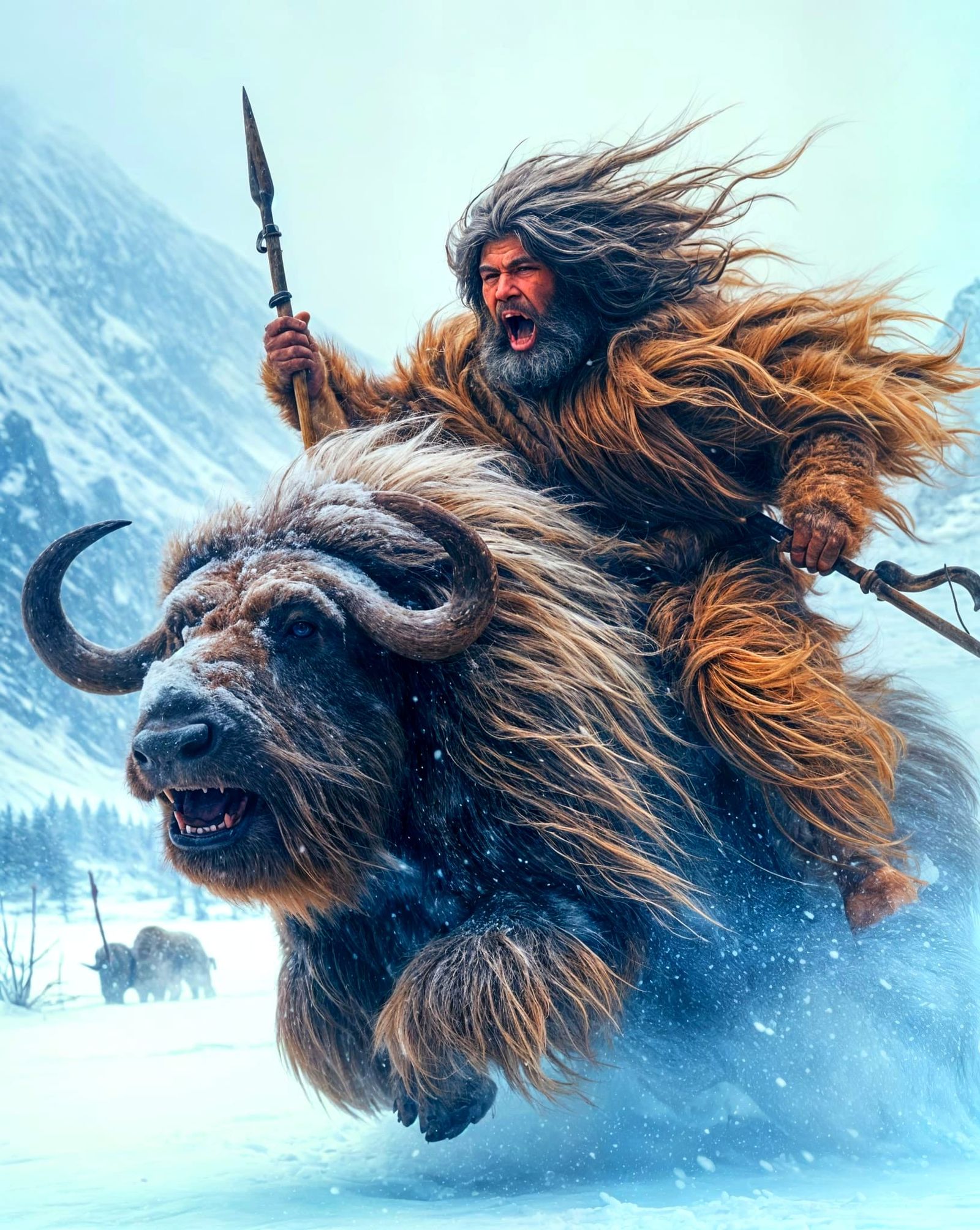 A Neanderthal man riding buffalo...