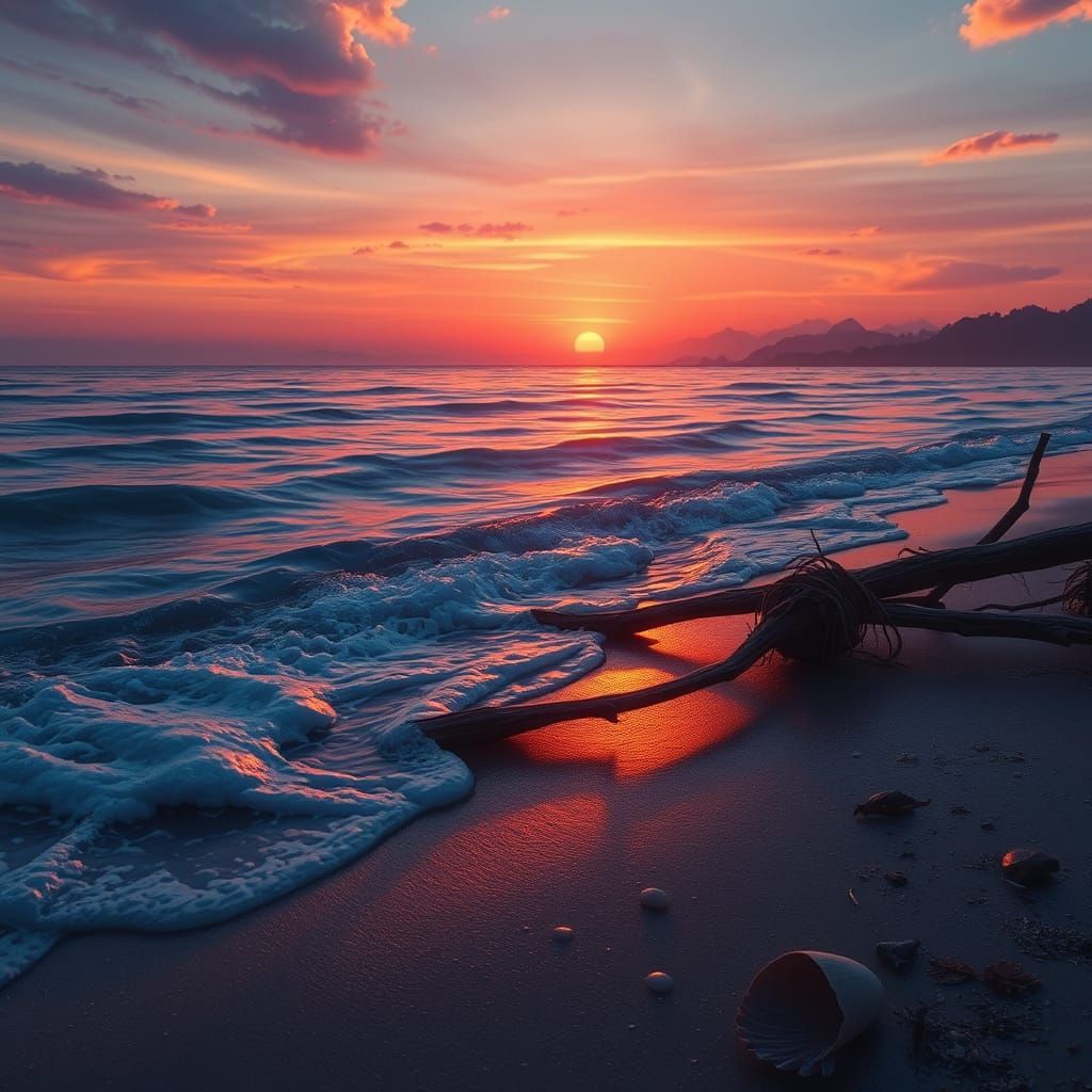 Beautiful beach - Surreal Beachscape at Sunset in Cyberpunk...