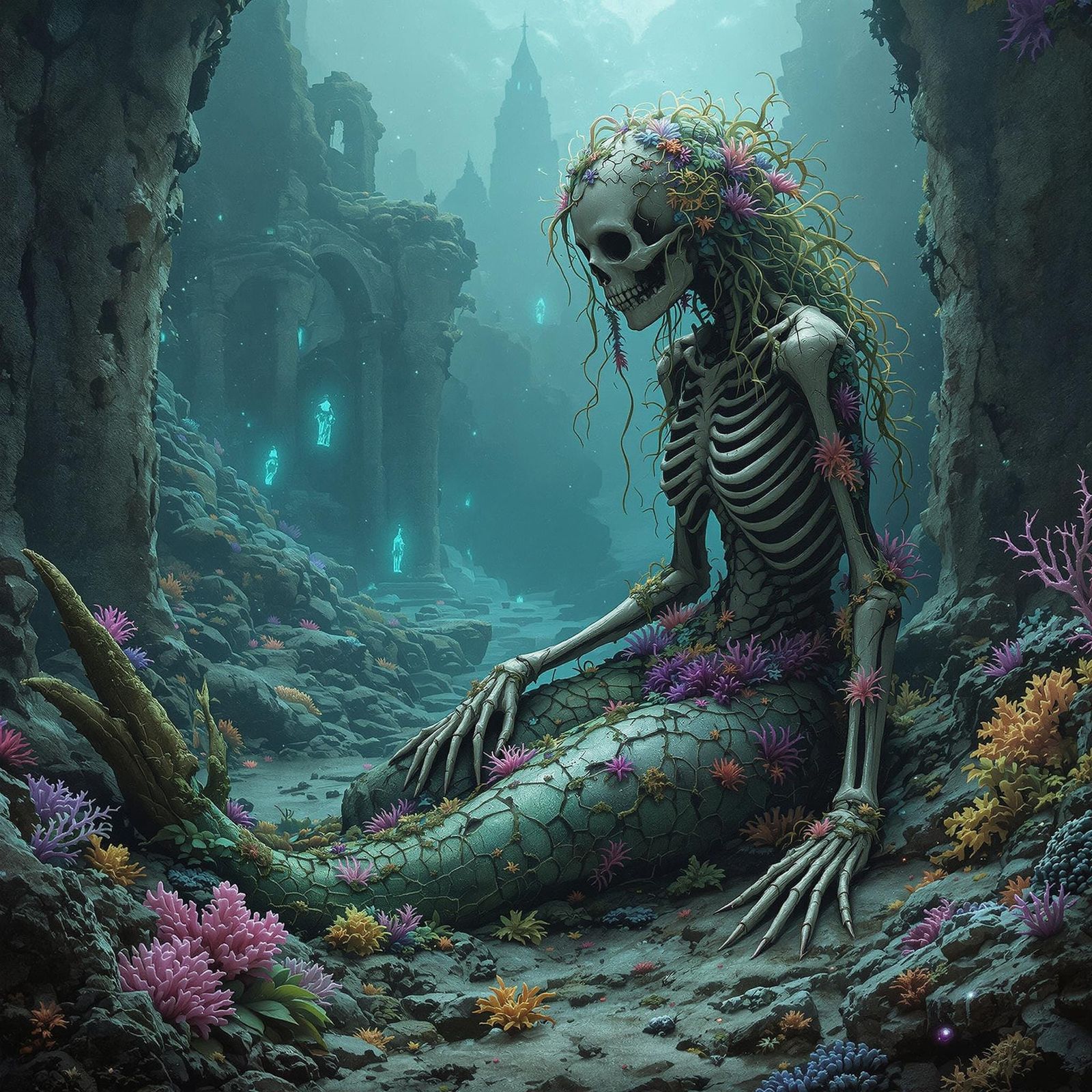 An ancient mermaid skeleton with coral and seaweed growing from it, the ...