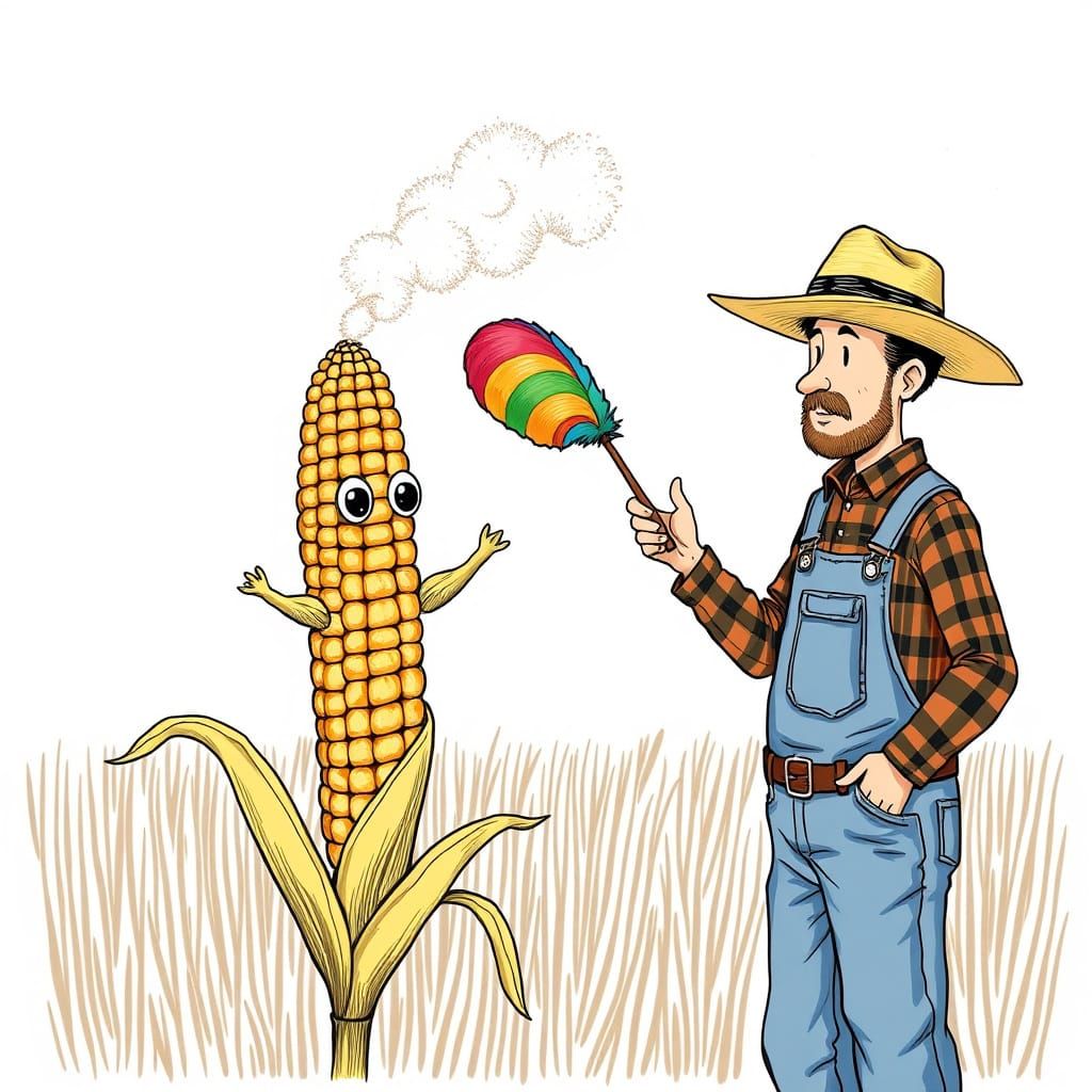 Crop Duster - Farmer Holds Rainbow Feather Duster Over Giant...