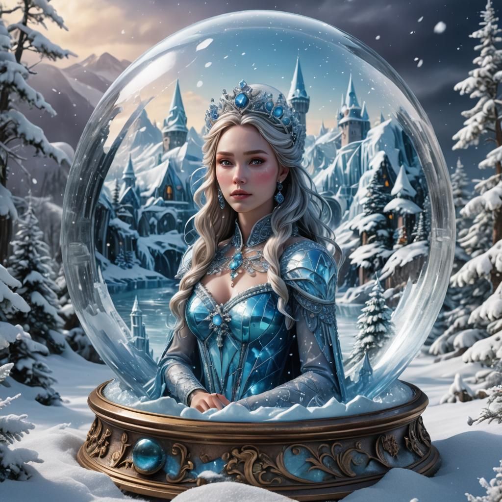 The beautiful ice princess inside the snow globe double exposure ...