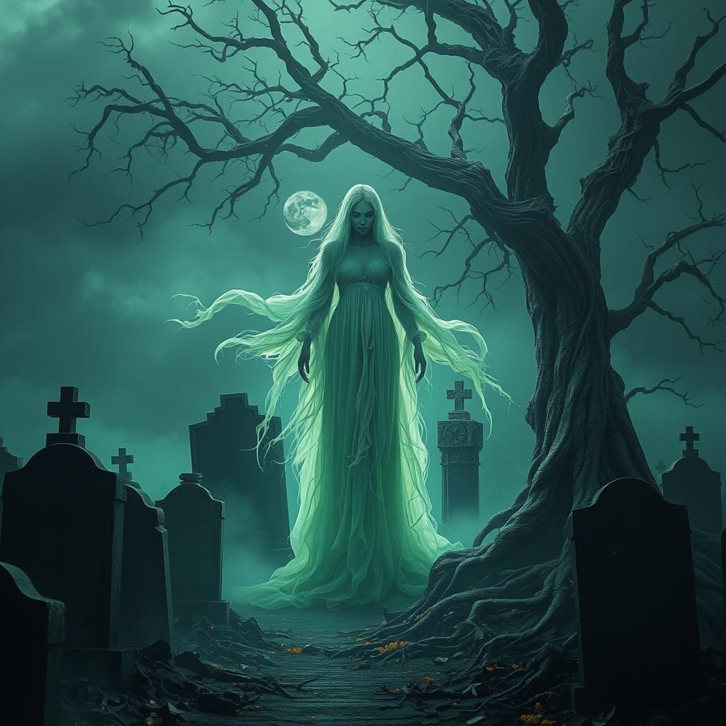 Spectral Witch Guardian of Haunted Cemetery in Dar... - AI Art