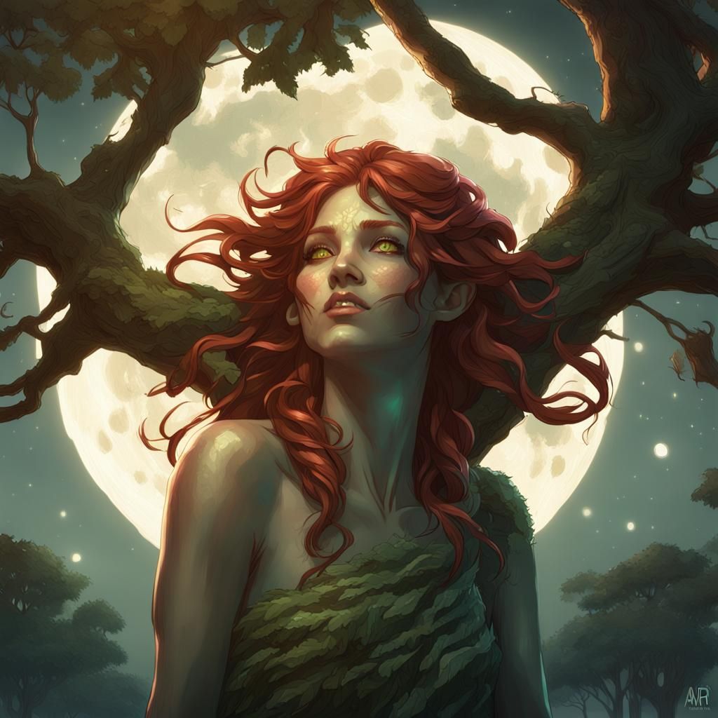 female dryad waking up from treeform, bare skin, flash tones, red hair ...