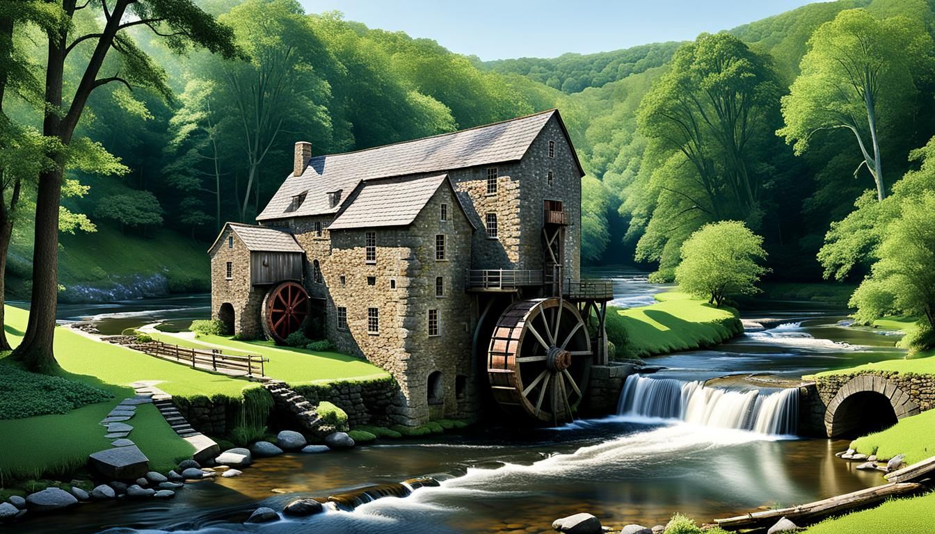 A peaceful scene where an old stone mill stands proudly on the banks of a lazy river. The mill ...