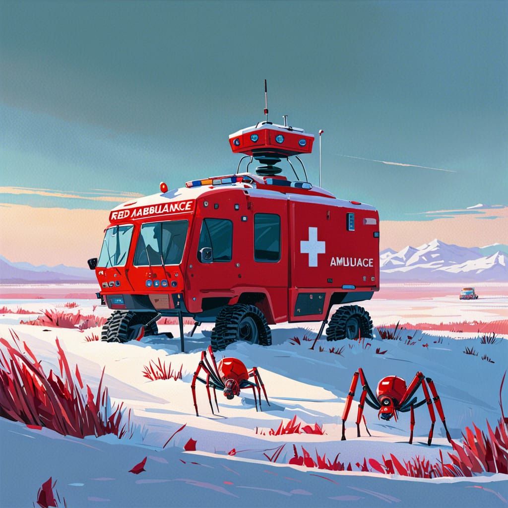Red ambulance spider robot in the snow on a frozen snow meadow, Wadim ...