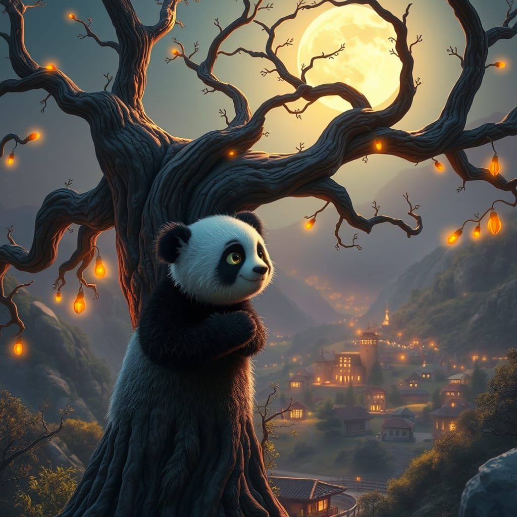 Enchanted Panda Watches Over Serene Village Under ... - AI Art