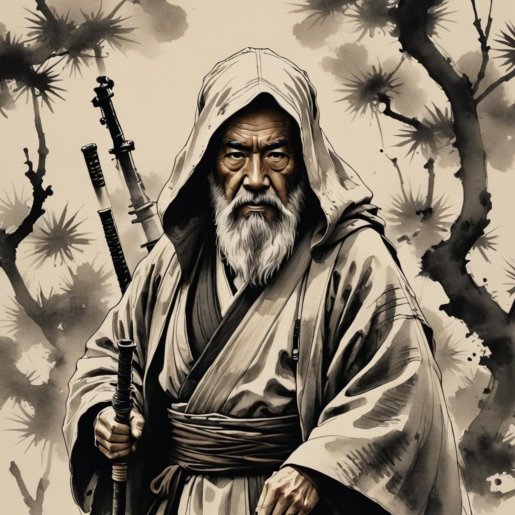 Old Ben Samurai - Sumi-e Samurai in Zen Silence