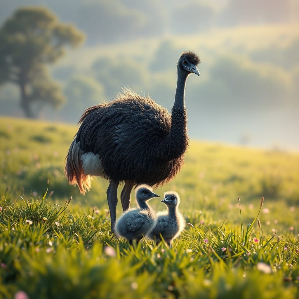 Surreal Summer Idyll with Emu Mother and Chicks in... - AI Art