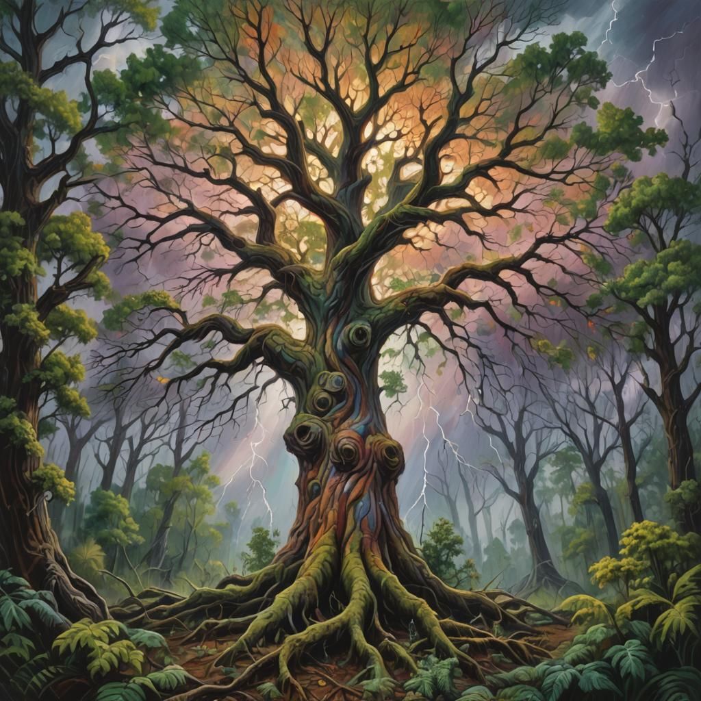 a vivid and detailed oil painting of a tree within a storm-laden forest ...