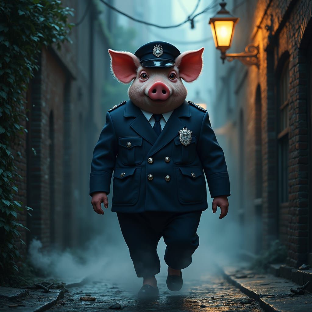 Police Pig Strolls Through a Haunting Gothic Alley... - AI Art