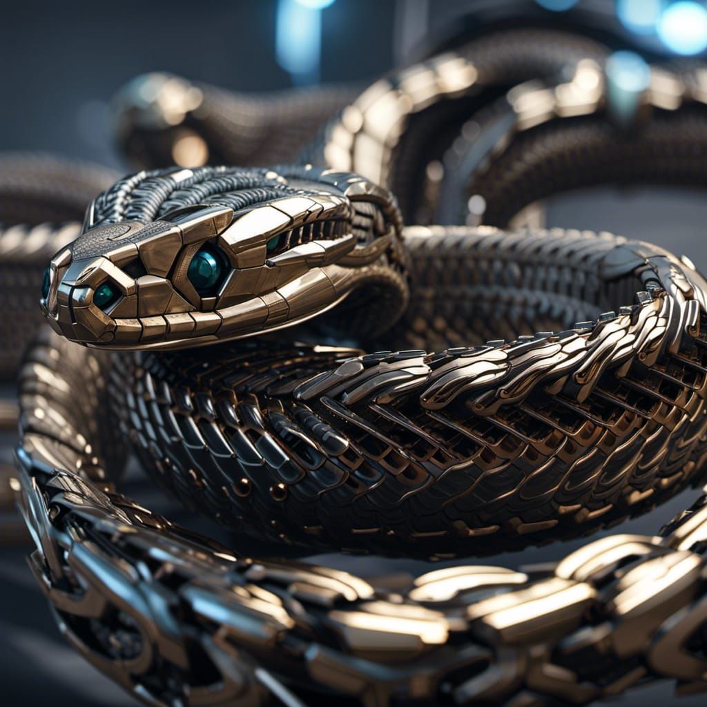 giant snake, full body, curled like rope, intricate mech details ...