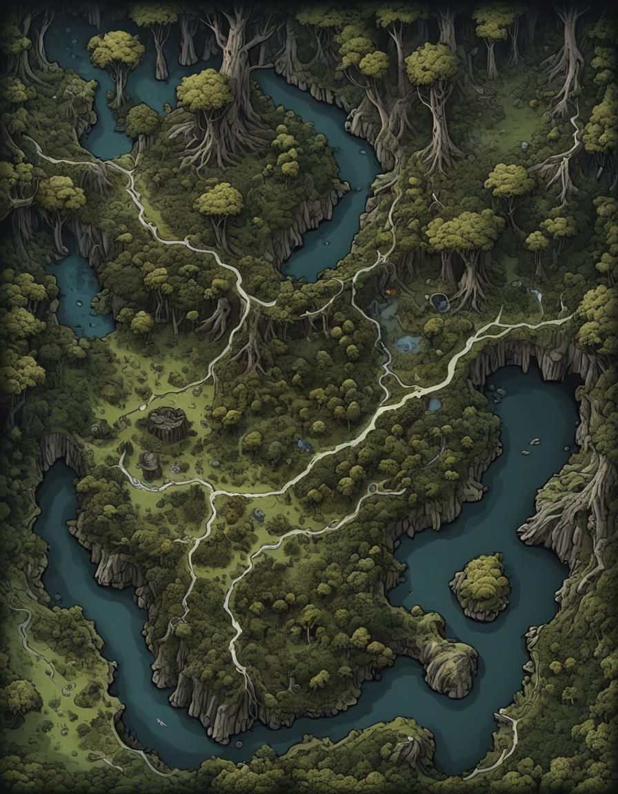 a TTRPG map of a dark and dangerous fantasy forest with several glades ...